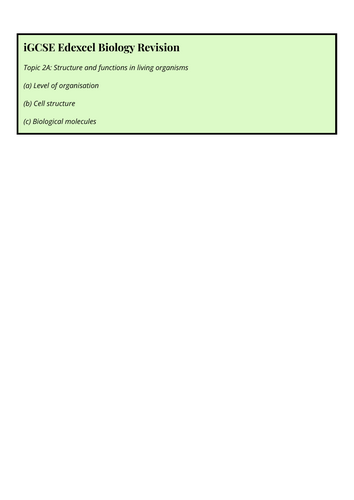 Edexcel iGCSE Biology Topic 2A: Cell Structure & Biological Molecules ...
