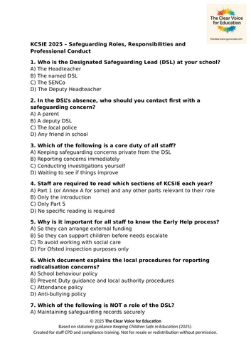 KCSIE 2025 Safeguarding Knowledge Check Series – Six Editable Staff ...