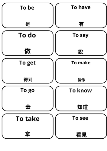 ESL Vocabulary Flashcards - 100 most common verbs - Mandarin ...