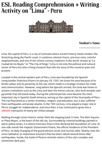 ESL Reading Comprehension + Writing Activity - Lima - Peru - South ...