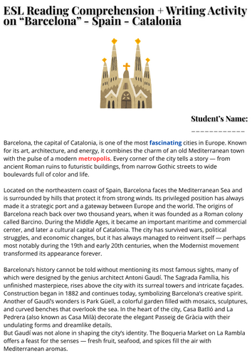 ESL Reading Comprehension + Writing Activity - Barcelona - Spain ...