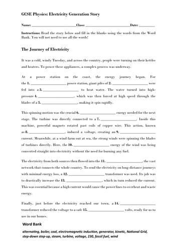 GCSE Physics: The Journey of Electricity - Engaging Fill-in-the-Blanks ...