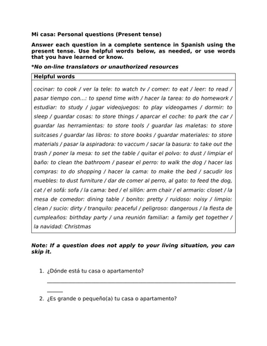 Mi casa: Personal questions (Present tense) | Teaching Resources
