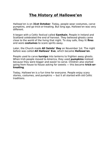 The History of Halloween – Differentiated Reading Comprehension Pack ...