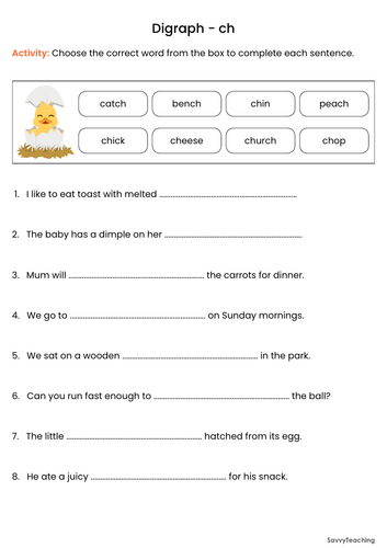 Digraphs Cloze Sentences Worksheets | Phonics Practice for Kids Aged 5 ...