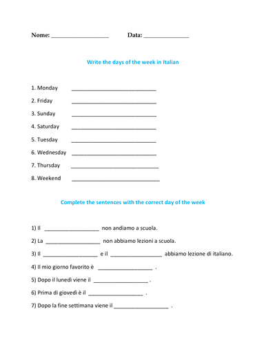 Days of the Week in Italian Worksheets | Teaching Resources