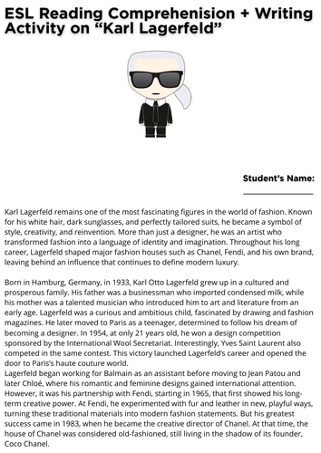 ESL Reading Comprehension + Writing Activity - Karl Lagerfeld - Fashion ...