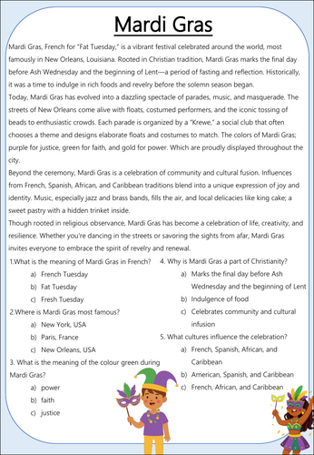 Mardi Gras Comprehension Worksheet | Teaching Resources