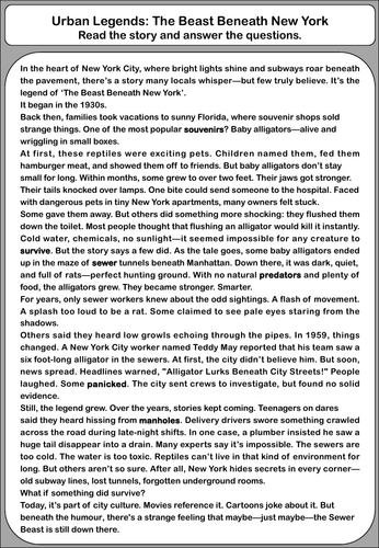 Urban Legend The Beast Beneath New York Comprehension Worksheet ...