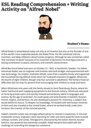 ESL Reading Comprehension + Writing Activity Worksheets on "Alfred ...