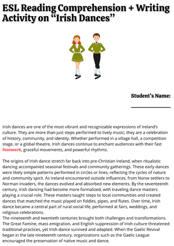 ESL Reading Comprehension + Writing Activity Worksheets - Irish Dances ...