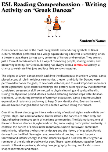 ESL Reading Comprehension + Writing Activity Worksheets on Greek Dances | Teaching Resources