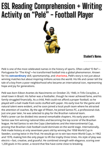 ESL Reading Comprehension + Writing Activity - Pelé - Brazilian ...
