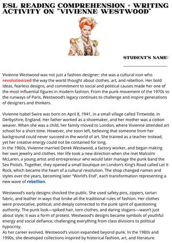 ESL Reading Comprehension + Writing Activity - Vivienne Westwood ...