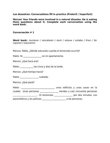 Los desastres: Conversations fill in practice (Preterit / Imperfect ...