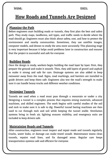 How Roads and Tunnels Are Designed: Reading Comprehension – Fun ...