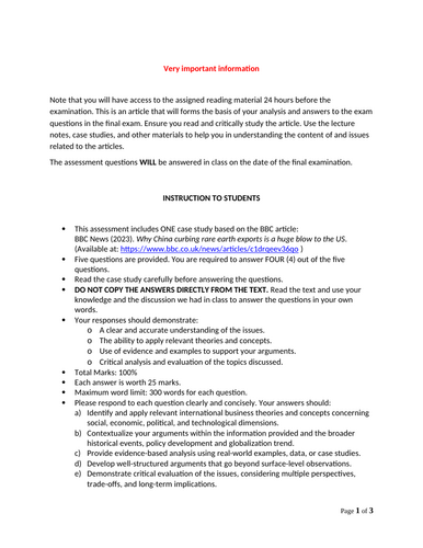 Exam Pack: Introduction to International Business Final Exam "China's ...