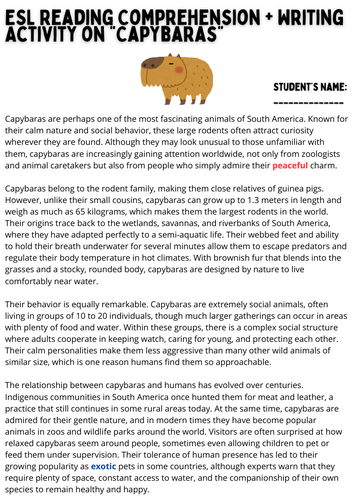 ESL Reading Comprehension + Writing Activity - Capybara - South America ...