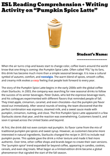 ESL Reading Comprehension + Writing Activity Worksheets on Pumpkin ...