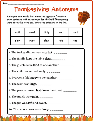 Thanksgiving Synonyms & Antonyms Worksheets | 2nd–3rd Grammar Practice ...