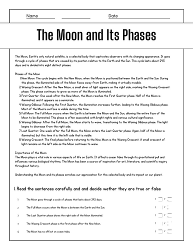 The Moon and Its Phases: Reading Comprehension Passages & Questions ...