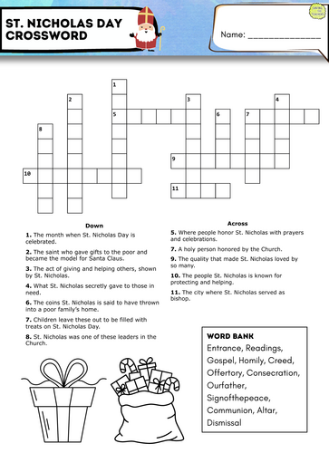 St. Nicholas Day Crossword – Catholic RE Activity (Ages 8–12 ...