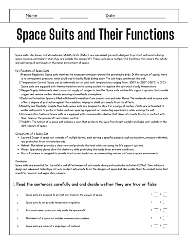 Space Suits and Their Functions: Reading Comprehension Passages ...