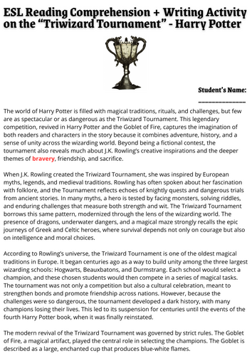 ESL Reading Comprehension + Writing Activity Worksheets - Triwizard ...