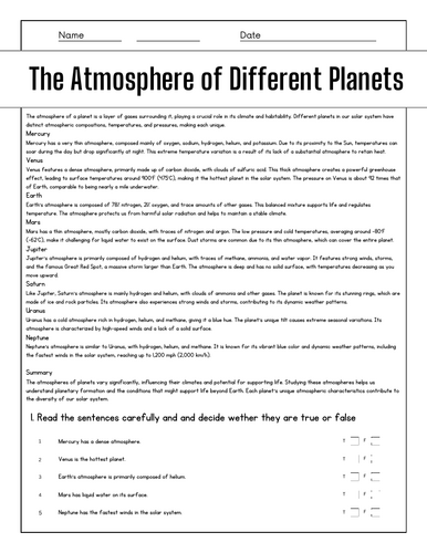 The Atmosphere of Different Planets: Reading Comprehension Passages ...