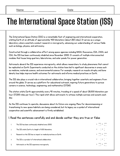 The International Space Station (ISS): Reading Comprehension Passages ...