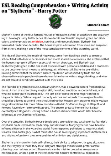ESL Reading Comprehension + Writing Activity - Slytherin - Harry Potter ...