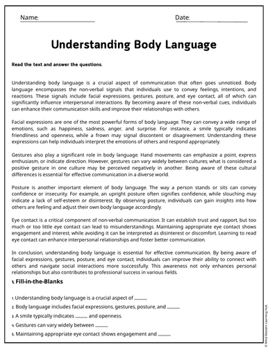 Understanding Body Language Reading Comprehension Passages & Questions ...
