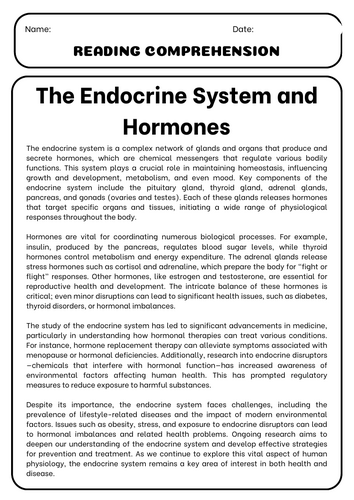 The Endocrine System and Hormones: Reading Comprehension Passages ...