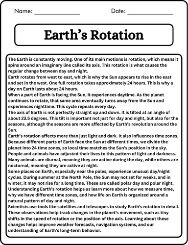 Earth’s Rotation - Astronomy and Space Reading Comprehension Passages ...