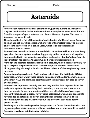 Asteroids - Astronomy and Space Reading Comprehension Passages ...
