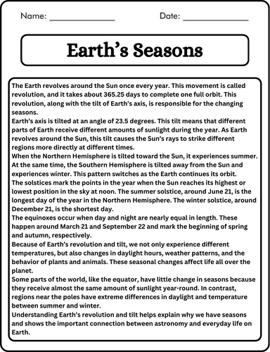 Earth’s Seasons - Astronomy and Space Reading Comprehension Passages ...