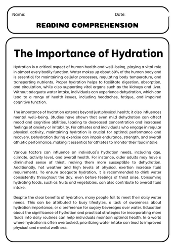 The Importance of Hydration: Reading Comprehension Passages & Questions ...