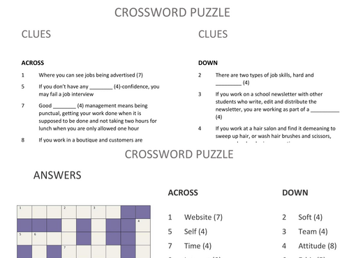 Job Skills Crossword Puzzle and Lesson Plan (UK) | Teaching Resources