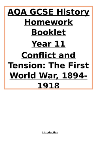 AQA WW1 Part 1 Homework Booklet | Teaching Resources