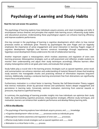 Psychology of Learning and Study Habits Reading Comprehension Passages ...