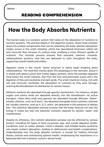 How the Body Absorbs Nutrients: Reading Comprehension Passages ...