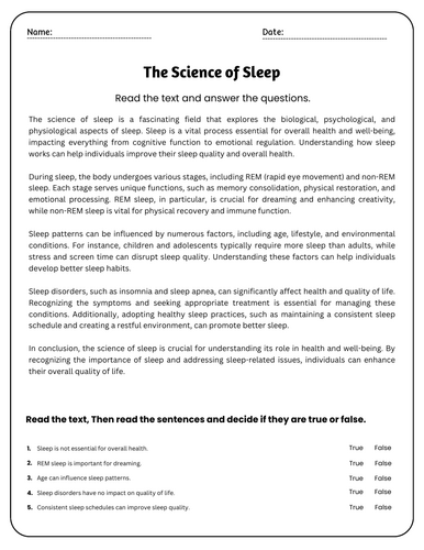 The Science of Sleep Reading Comprehension Passages & Questions ...