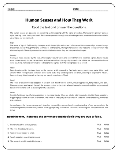 Human Senses and How They Work Reading Comprehension Passages ...
