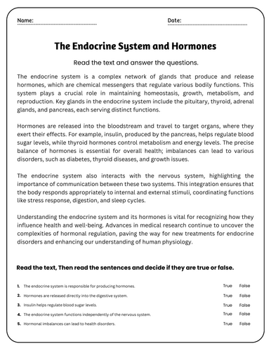 The Endocrine System and Hormones Reading Comprehension Passages ...