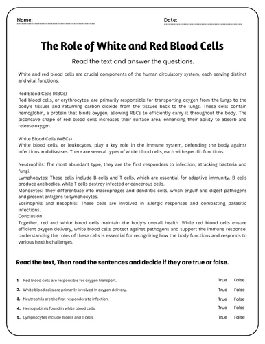 The Role of White and Red Blood Cells Reading Comprehension Passages ...