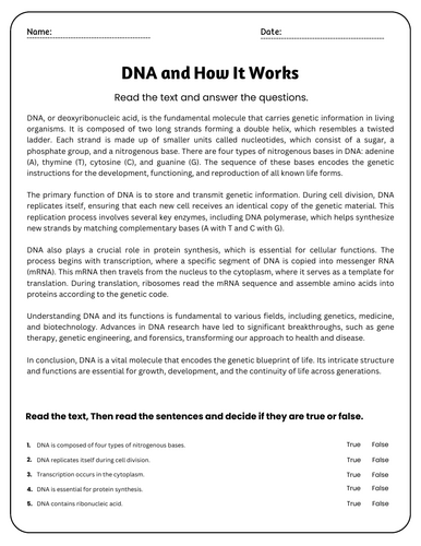 DNA and How It Works Reading Comprehension Passages & Questions ...