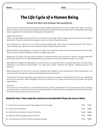 The Life Cycle of a Human Being Reading Comprehension Passages ...