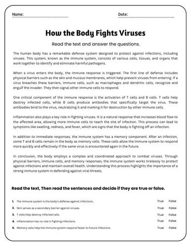 How the Body Fights Viruses Reading Comprehension Passages & Questions ...