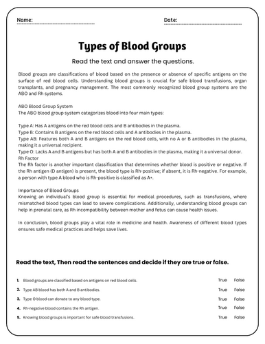 Types of Blood Groups Reading Comprehension Passages & Questions ...