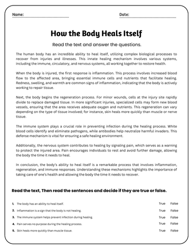How the Body Heals Itself Reading Comprehension Passages & Questions ...